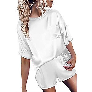 Ekouaer Silk Loungewear Set Short Sleeve Satin Sleepwear Top and Pajama Shorts Set Causal Pjs(Pure White, Medium)