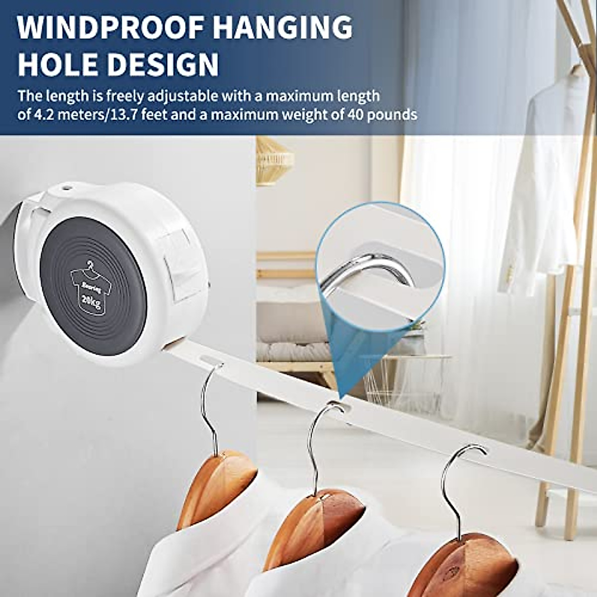 Retractable Clothesline, Wall Mounted Clothing Line, Lock to Prevent Sagging Heavy Duty Clothes Drying Laundry Line, Retracting Hanging Clothes Line Indoor Outdoor White