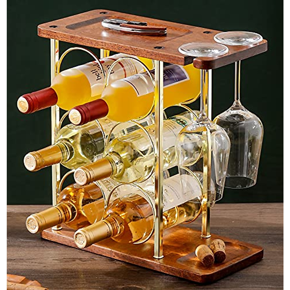 Fadak Wine Rack with Glass Stand, Countertop Wine Rack, Wooden Wine Rack with Trays, Perfect Home Decor & Kitchen Storage Rack, etc.(Accommodates 6 Bottles and 2 Glasses)