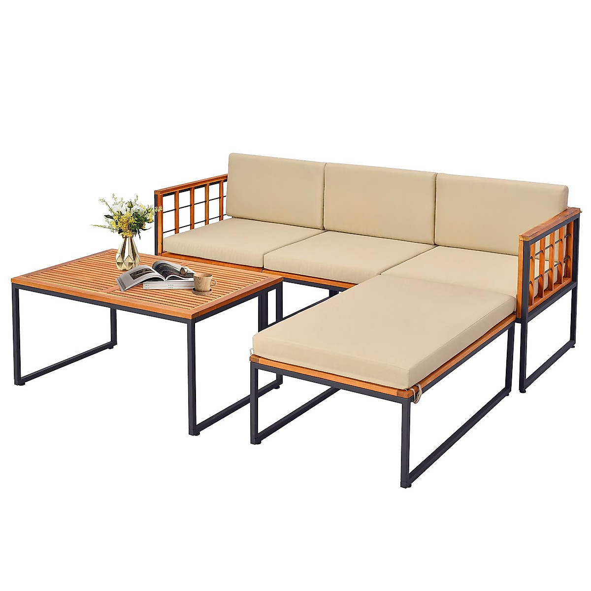 Tangkula 5 Piece Patio Furniture Set, Acacia Wood Sectional Set with Heavy-Duty Metal Frame, Comfy Seat & Back Cushions, Outdoor Wood Conversation Chair Set for Poolside, Porch, Backyard (Beige)