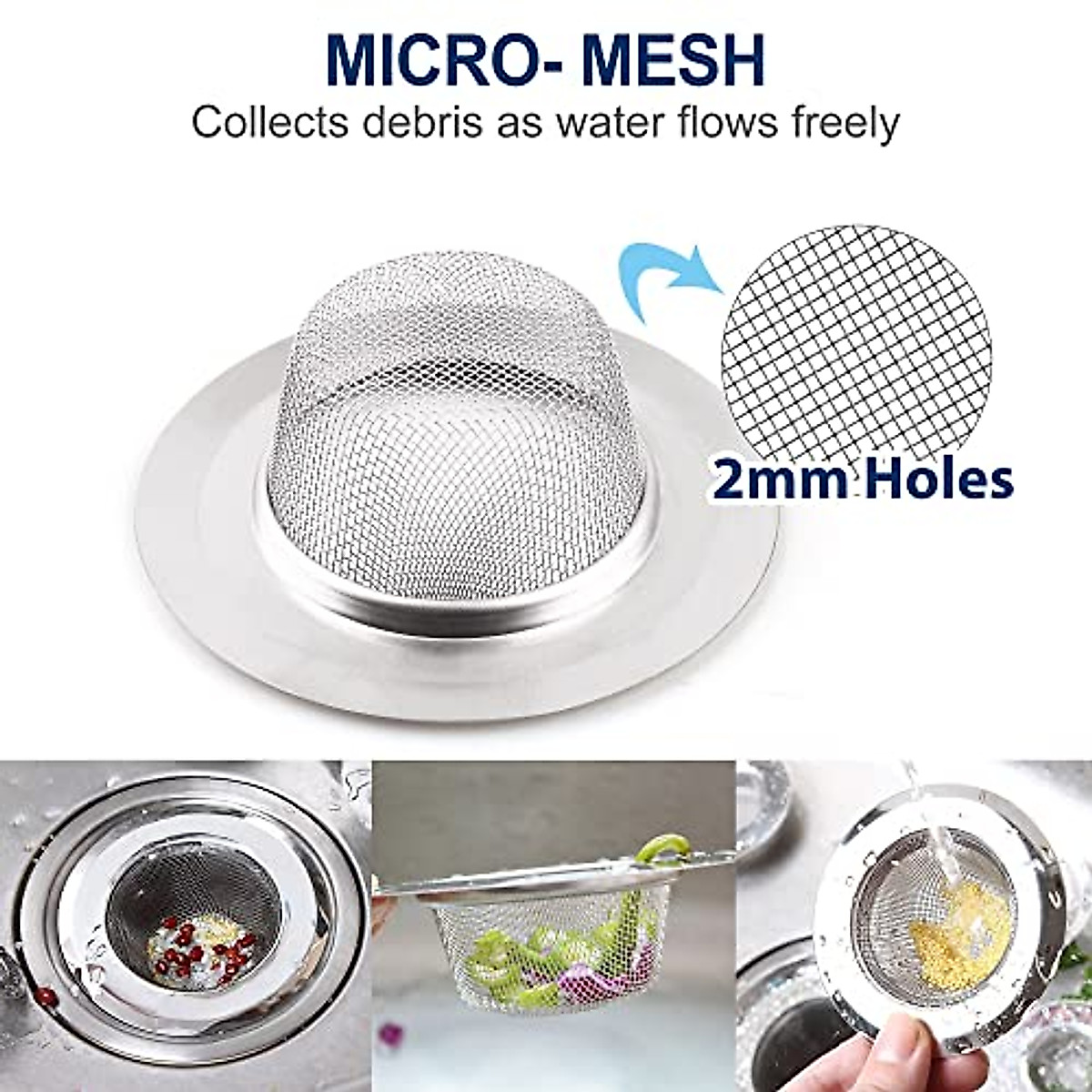 LotFancy Kitchen Sink Strainer, 2Pcs Stainless Steel Mesh Drain Strainer, Large Wide Rim 4.5" Diameter, 1.5" Deep Drain Screen, Anti Clogging