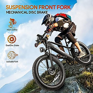 Osoeri 26&#039;&#039; x 4&#039;&#039; Fat Tire Electric Bike for Adults, 65Miles Range 48V 20Ah LG Cells Battery Ebike, 750W Brushless Motor 28MPH Shimano 7-Speed Electric Bicycle, Lockable Suspension Fork, Black