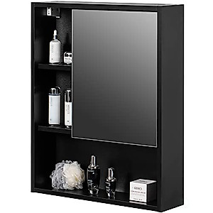 Basicwise Wall Mount Mirrored Cabinet with Open Shelf | 2 Adjustable Shelves Medicine Organizer Storage Furniture for Bathrooms, Kitchens, and Laundry Room, Black