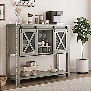 IDEALHOUSE Buffet Storage Cabinet Farmhouse Wine Cabinet Coffee Bar Table with Wine Glass Rack and Storage, Wood Buffets and Sideboards with Barn Mesh Door for Kitchen, Dining, Living Room