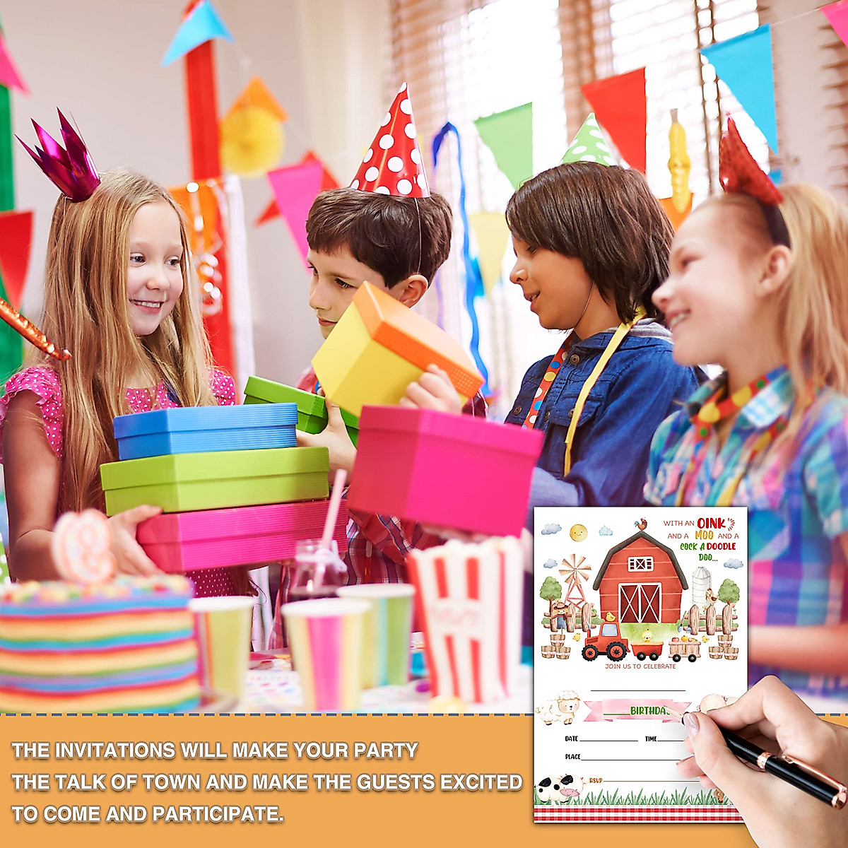 Chuxvon Farm Birthday Party Invitations, Barn Animals Birthday Invitation, Double-Sided Fill In Invites, Barnyard Birthday Party Decorations, 20 Cards With 20 Envelopes(D07)