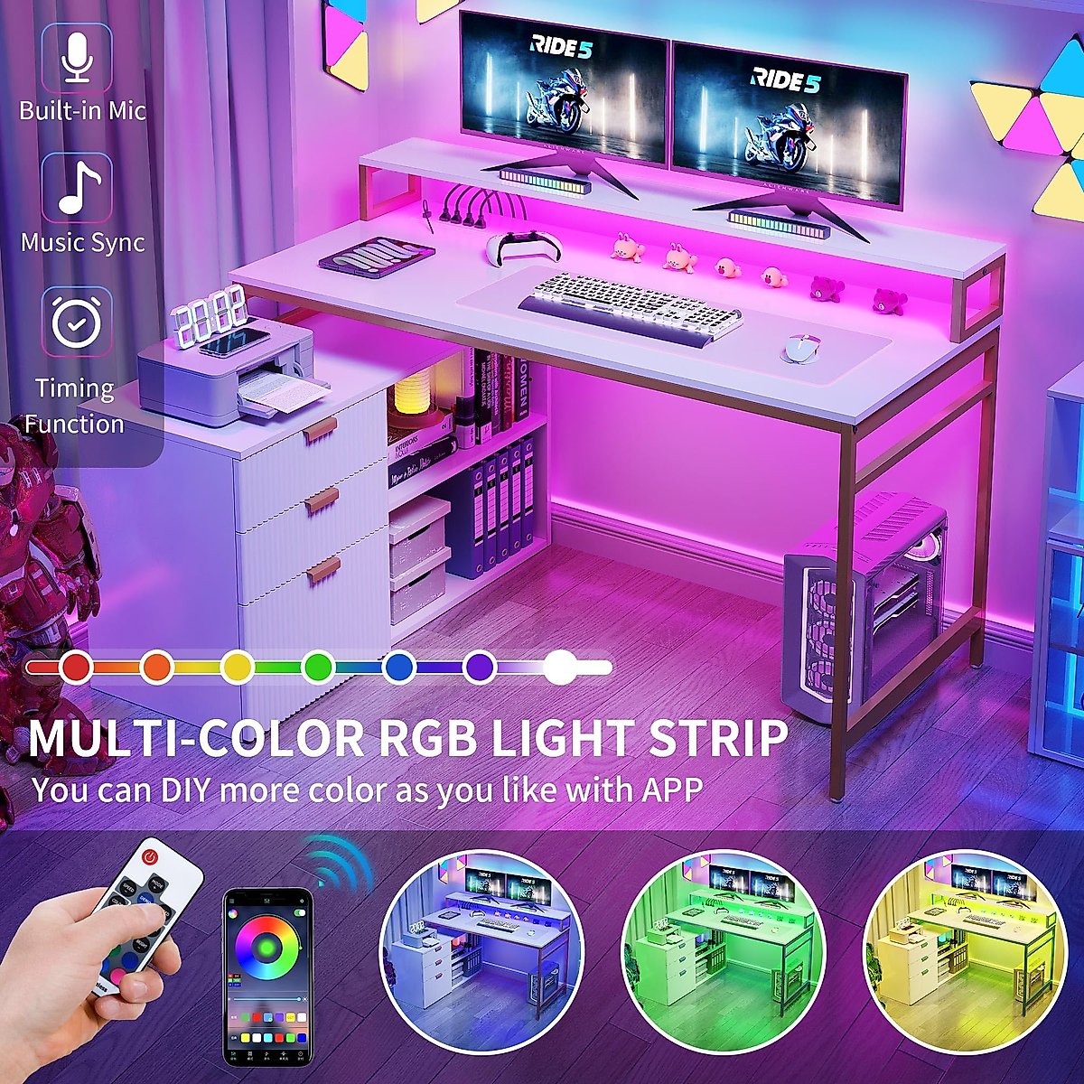 YITAHOME L Shaped Desk with Power Outlets and LED Lights, 55" Computer Desk with Drawers, Corner Office Desk with File Cabinet for Home Office, White & Gold