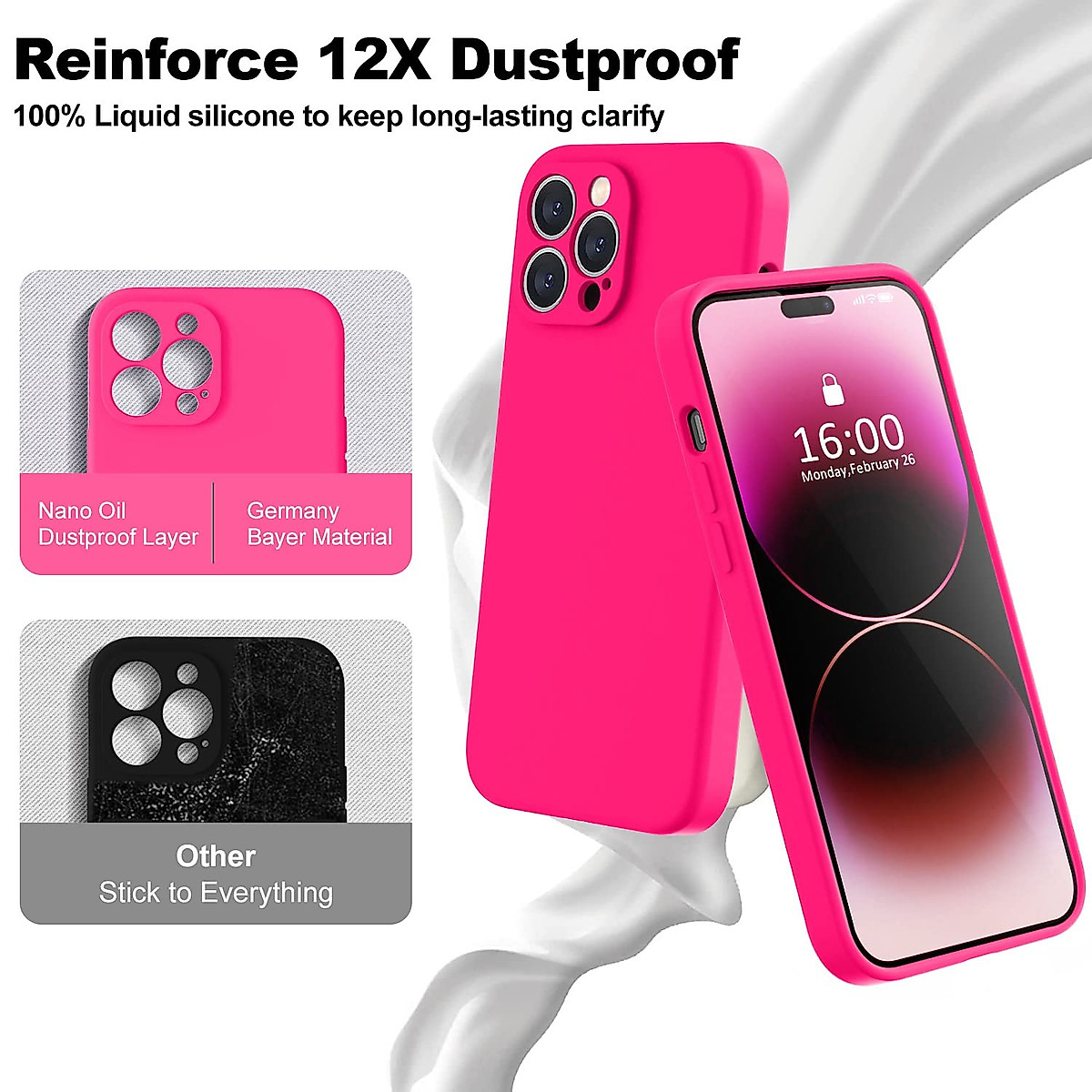 BossKiss Compatible with iPhone 14 Pro Max Case, Silicone Upgraded [Camera Protection] [2 Pcs 9H Screen Protector], Soft Anti-Scratch Microfiber Lining, 6.7 inch, Hot Pink