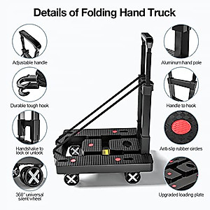 Folding Hand Truck Dolly, Lightweight Hand Truck Dolly Foldable Luggage Cart, Utility Cart with 4 Wheels & 2 Elastic Ropes for Luggage Travel Moving Shopping Airport Office Use-130LBS Capacity