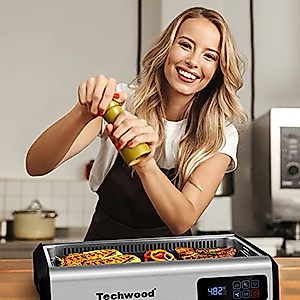 Indoor Smokeless Grill Techwood 1500W Electric Grill with Tempered Glass Lid & LED Smart Control Panel, 8-Level Control Korean BBQ Grill with Removable Grill Plate, Stainless Steel (Silver)