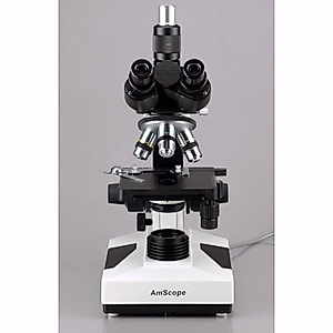 AmScope T490A Compound Trinocular Microscope, WF10x and WF16x Eyepieces, 40X-1600X Magnification, Brightfield, Halogen Illumination, Abbe Condenser, Double-Layer Mechanical Stage, Sliding Head, High-Resolution Optics