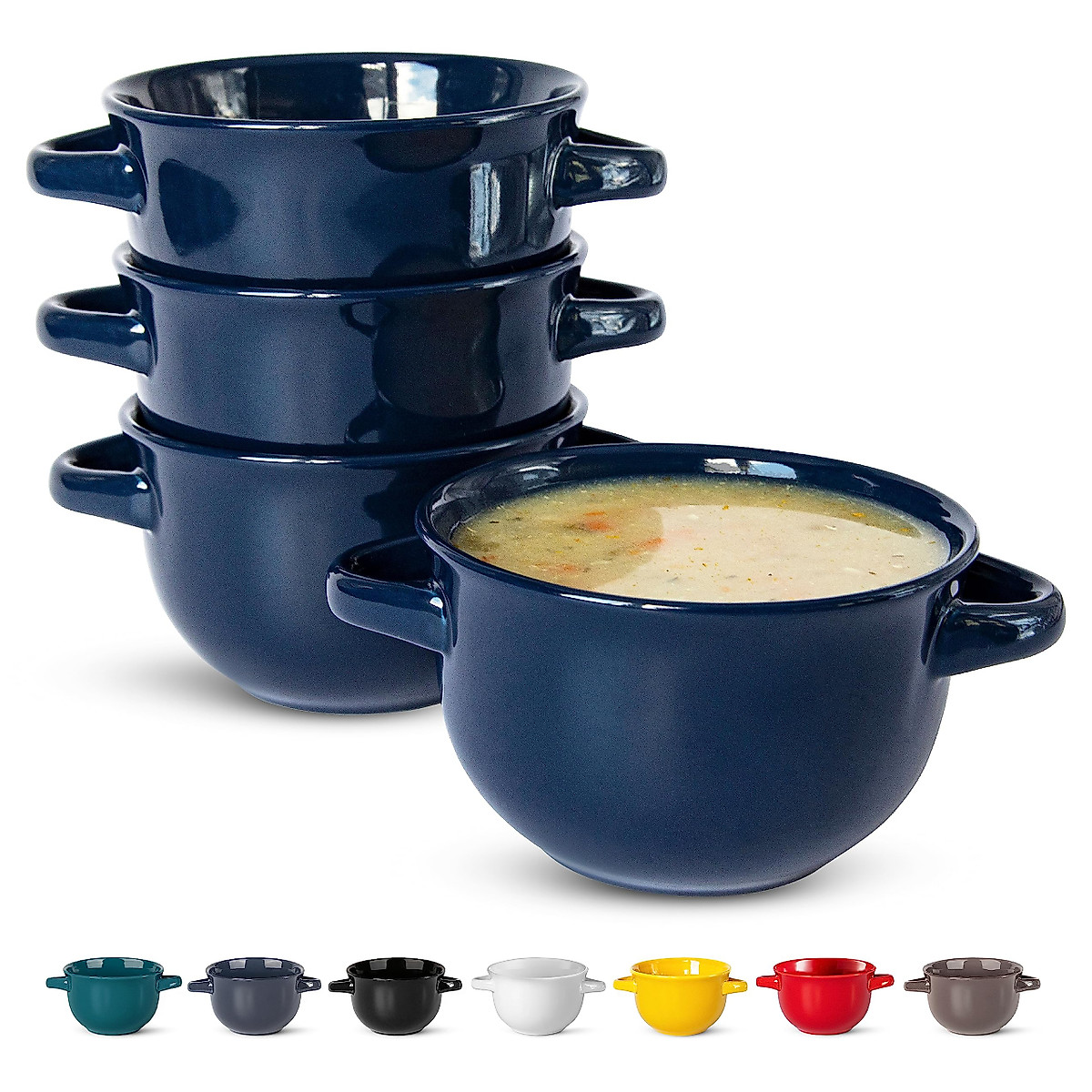 Soup Bowls, French Onion Soup Bowls, by Kook, Soup Crocks, Oven Safe Bowls, Soup Mugs, Ceramic Bowls, Dishwasher, Microwave, Set of 4, 18 oz (Blue)