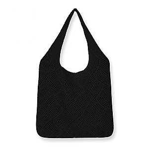 Women's Shoulder Handbags Y2K Fairy Grunge Crochet Tote Bag Aesthetic Hippie Shopping Bag Indie Purse Accessories (Black)