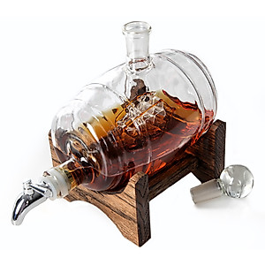 Bourbon Barrel Whiskey Decanter With Ship - 1000ml Liquor Dispenser - Sailing/Boating Gifts for Men and Women, Nautical Decor Retirement Gift (Tomoka Gold)
