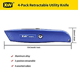 XW Retractable Utility Knife, Aluminum Alloy Box Cutter-Assorted Colors, Extra 10 Blades Included,4-Pack