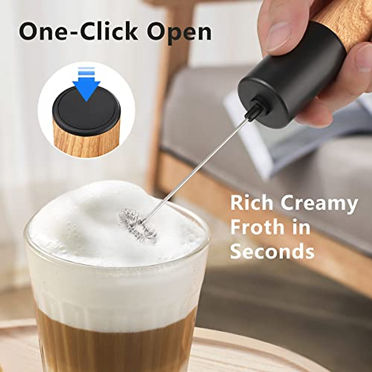 VanlonPro Electric Milk Frother Foam Maker, Milk Frother for Coffee, Wood Pattern Printed, Handheld Battery Operated Whisk Drink Mixer, Mini Foamer for Lattes,Cappuccino, Matcha, Hot Chocolate, Frappe