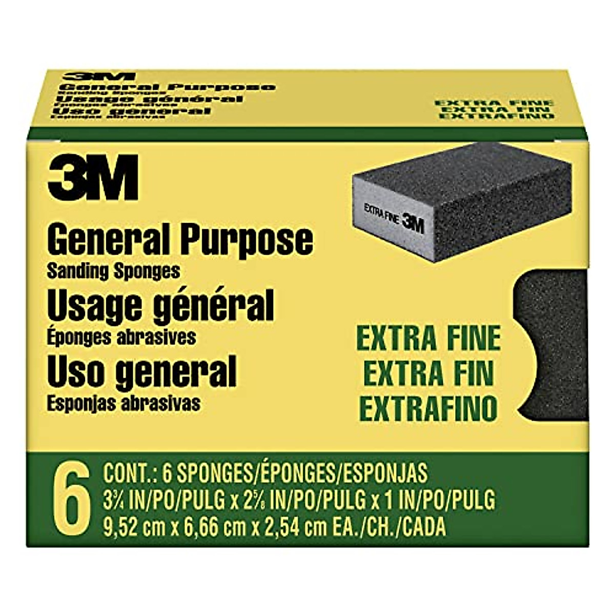 3M CP000-6P-CC Sanding Sponge Extra Fine Grit, 3-3/4 in x 2-5/8 in, Black, 6 Count