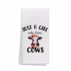 OHSUL Just A Girl Who Loves Cows Highly Absorbent Kitchen Towels Dish Towels Dish Cloth,Watercolor Floral Baby Cow Hand Towels Tea Towel for Bathroom Kitchen Decor,Cow Lovers Farm Girls Gifts
