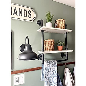 Industrial Bathroom Shelf w/Pipe Towel Bar – Farmhouse Towel Rack Made of Paulownia Wood and Cast Iron, Pipe Rack in Black Matte – Wall Mount Hand Towel Holder for Rustic Décor w/ 2-Tier Shelf