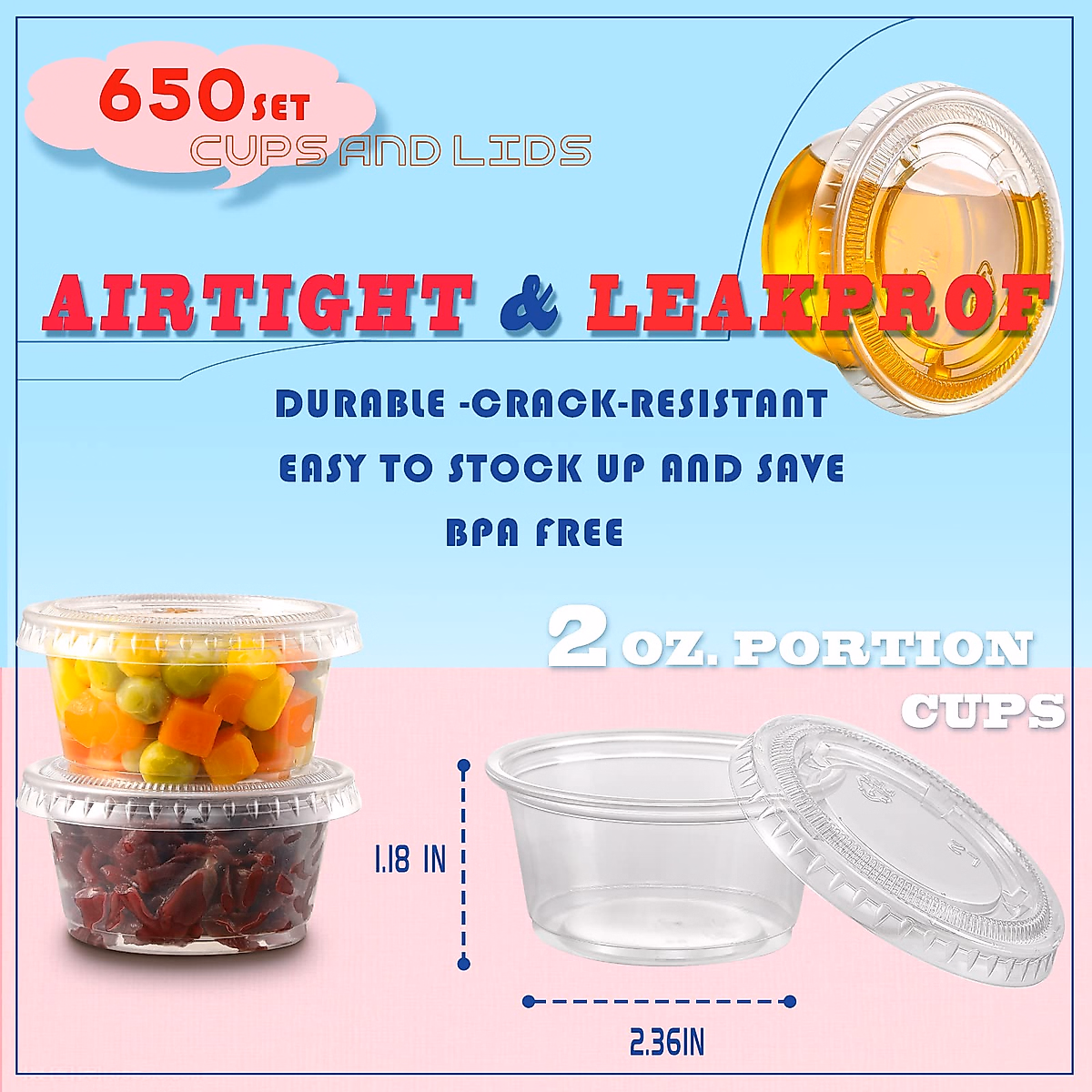 [650 Sets - 2 Oz ] Jello Shot Cups, Small Plastic Containers with Lids, Airtight and Stackable Portion Cups, Salad Dressing Container, Dipping Sauce Cups, Condiment Cups for Lunch, Party to Go, Trips