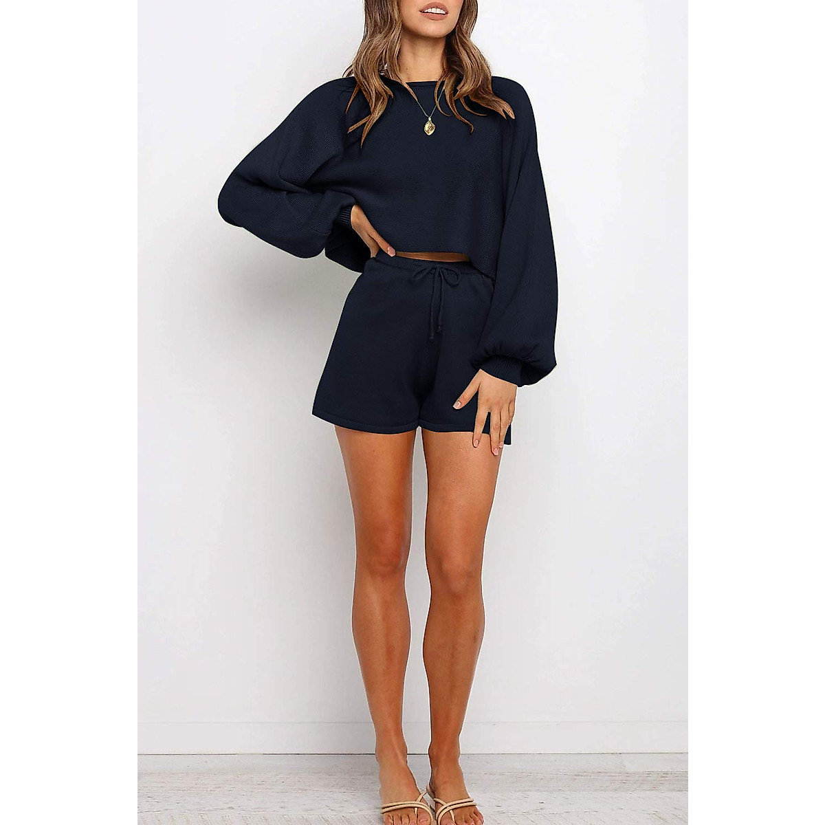 ZESICA Women's Casual Long Sleeve Solid Color Knit Pullover Sweatsuit 2 Piece Short Sweater Outfits Sets,Navy,Medium