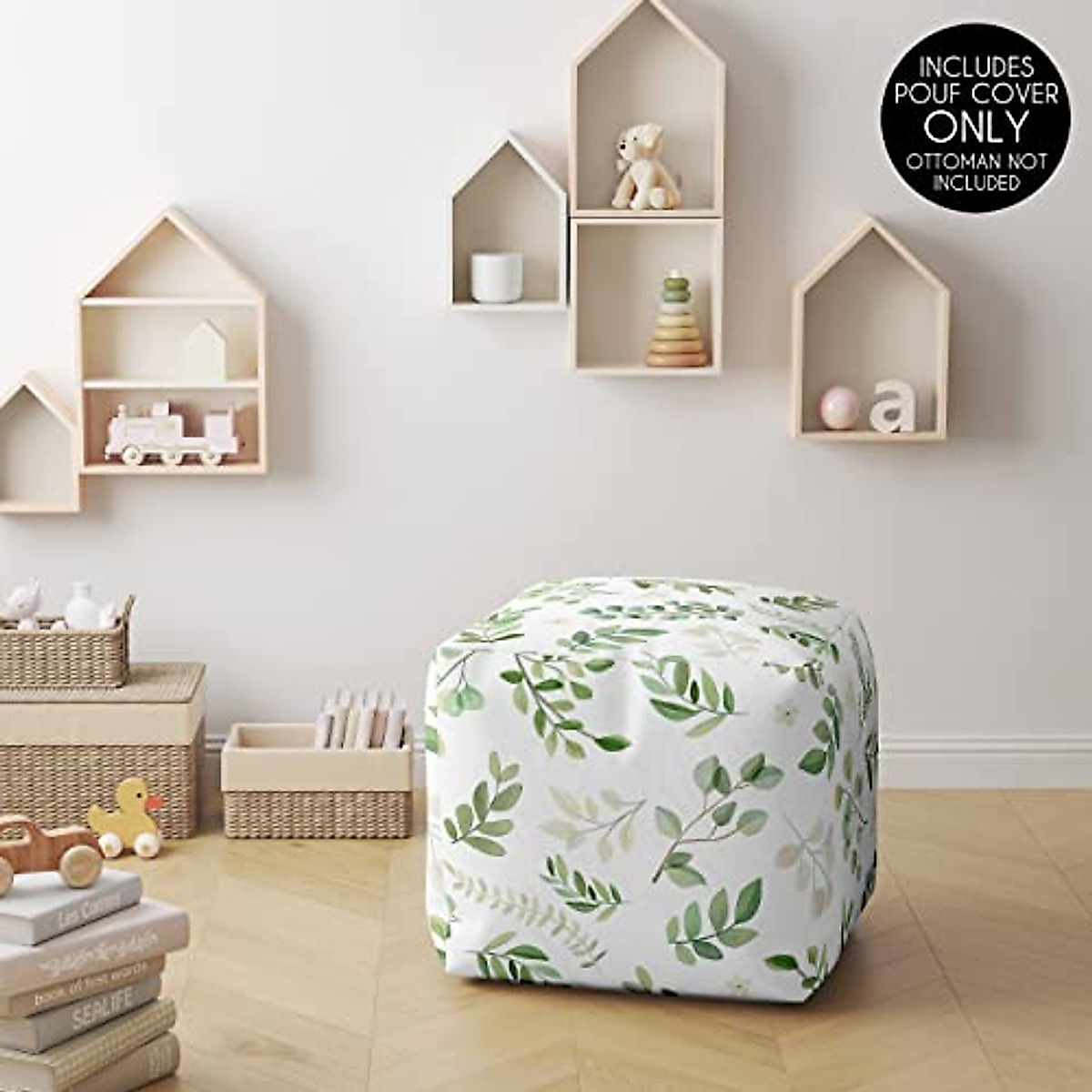 Sweet Jojo Designs Green Boho Floral Leaf Boy Girl Ottoman Pouf Cover Unstuffed Poof Floor Footstool Square Cube Pouffe Storage Baby Nursery Kids Room Sage White Bohemian Gender Neutral Watercolor