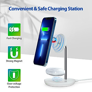 Mag-Safe Wireless Charging Station : 2 in 1 Wireless Charging Stand for iPhone 12/13/14 Series-10w Charging Stand Compatible with Airpods/iPhone 14/12/13 Pro Max Mini（White）
