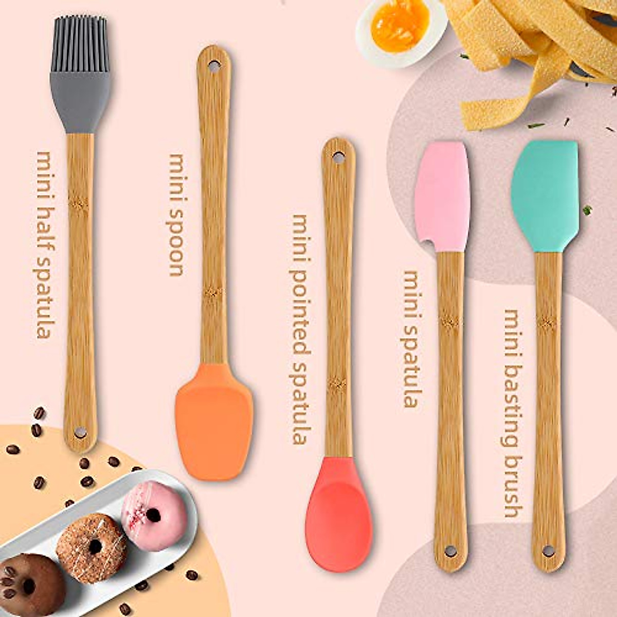 5 Piece Silicone Spatula,Mini Rubber Spatula Wooden Handle,Heat Resistant Silicone Spatula Set,Kitchen Utensils Non-Stick For Baking,Cooking And Mixing
