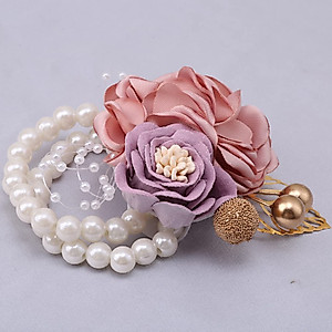 GoldenPlayer Wedding Bridal Wrist Flower Girl Bridesmaid Wrist Corsage Decor for Prom Party Wedding (Pink-Purple, Pack of 6)