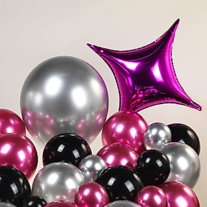 Chrome Hot Pink Black silver Balloon garland kit 126Ppcs with champagne glass and large star balloons for women 21/30th Birthday Mother's Day anniversary 2024 graduations Prom Party Decorations