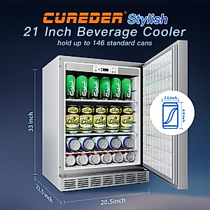cureder 21 Inch Outdoor Refrigerator, Weather Proof Stainless Steel Beverage Beer Cooler Under Counter Fridge, Indoor/Outdoor Refrigerator with 3 Shelves for Patio Kitchen and Commercial Use