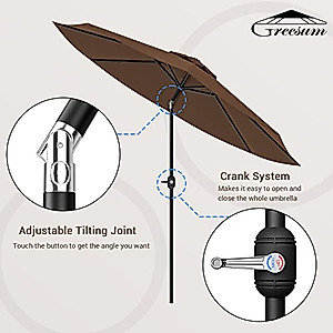 Greesum Patio Umbrella, Outdoor Market Table Parasol with Push Button Tilt, Crank and 8 Sturdy Ribs for Garden, Lawn Backyard & Pool, Brown