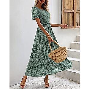 Zattcas Womens 2023 Spring Summer Smocked Tiered Boho Floral Long Maxi Dresses Casual Short Sleeve Modest Flowy Church Maternity Wedding Guest Dress Green XL