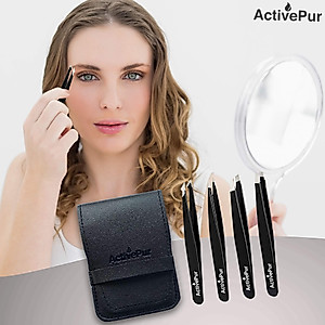 ActivePur, 4 Pcs Tweezers Set Precision for Facial Hair, Ingrown Hair, Splinter for Eyebrows Blackhead and Tick Remover, Best Professional Stainless Steel Seller Hair Remover Tweezer Set w/PU Bag.