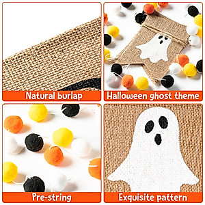 WATINC 2pcs Halloween Scary Boo Burlap Banner Ghost Pom Pom Garland Set, Happy Halloween Felt Ball Banner Hanging Decorations Thanksgiving Carnival Holiday Party Hang Bunting Decor for Home Wall