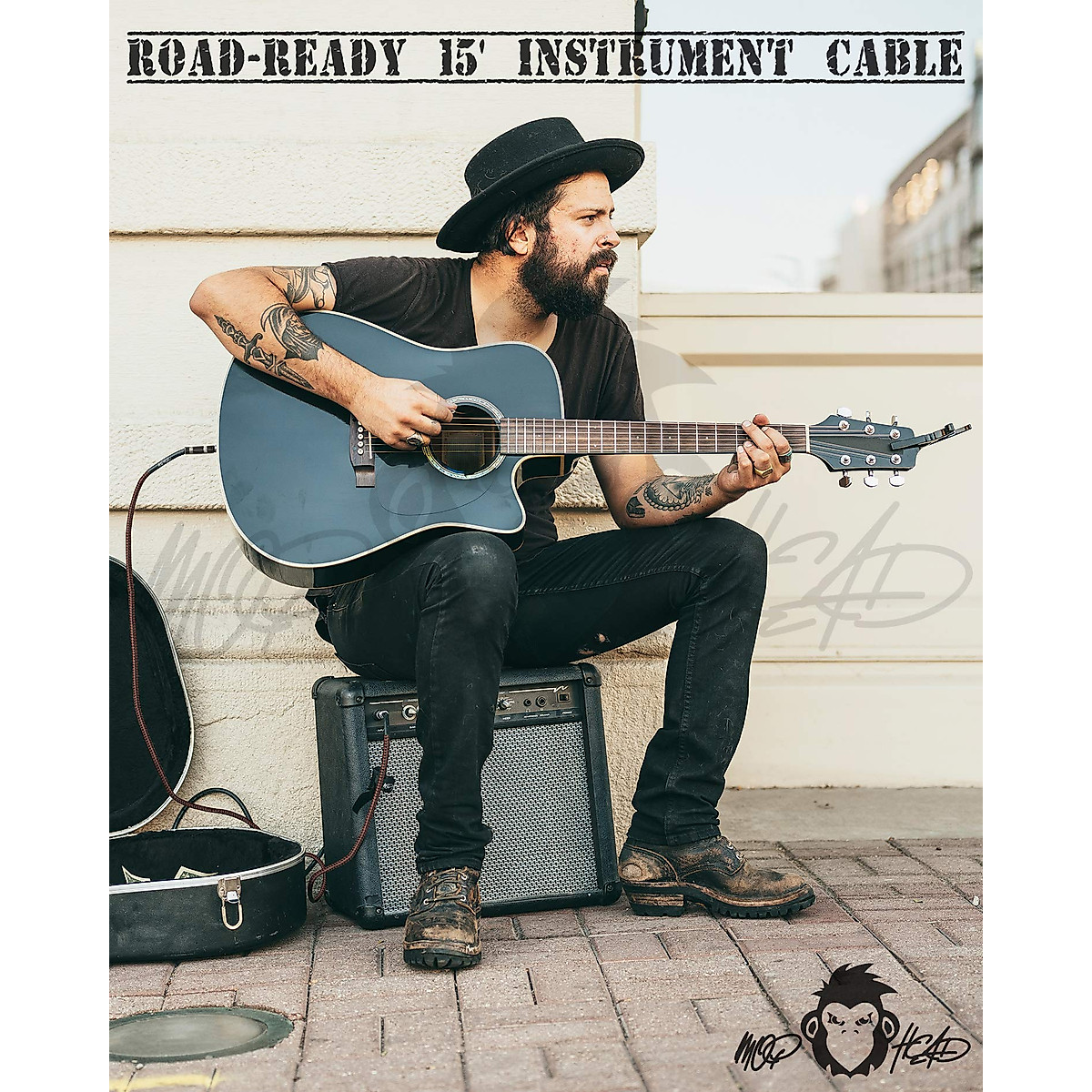 Mophead 15-Foot Guitar Instrument Cable - 1/4 Inch TS to 1/4 Inch TS Pro Grade Double Insulated Tweed Braided for Electric Guitar, Bass, Amp, Keyboard (Brown and Black)