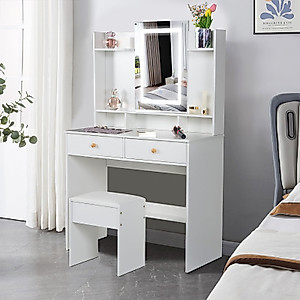 Caulitar Vanity Desk with Mirror and Lights-3 Color and Brightness Adjustable, Vanity Set with Drawers and Chair, White Makeup Vanity Table for Girls