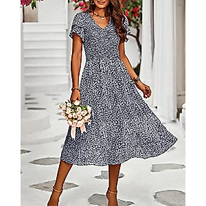 BTFBM Women Casual Summer Short Ruffles Tiered Sleeve Smocked Midi Dresses Bohemian Floral V Neck Wedding Guest Long Dresses（Floral Dark Blue,Large