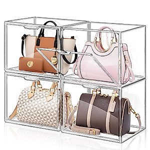 FODIENS 4 Packs Clear Handbag Storage Organizer for Closet, Acrylic Display Case for Purse Handbag, Stackable Purse Organizer Storage Box with Magnetic Door for Wallet Book Toys Collectibles