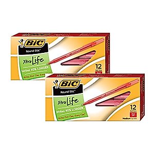 2 Pack of 12 BIC Round Stic Xtra Life Ball Pen, Red Medium Point (1.0 mm)