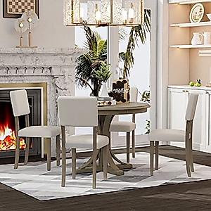 WOZNLA 5-Piece Retro Round Dining Table Set for 4, Kitchen Table Set with Curved Trestle Style Legs and 4 Upholstered Chairs, Taupe