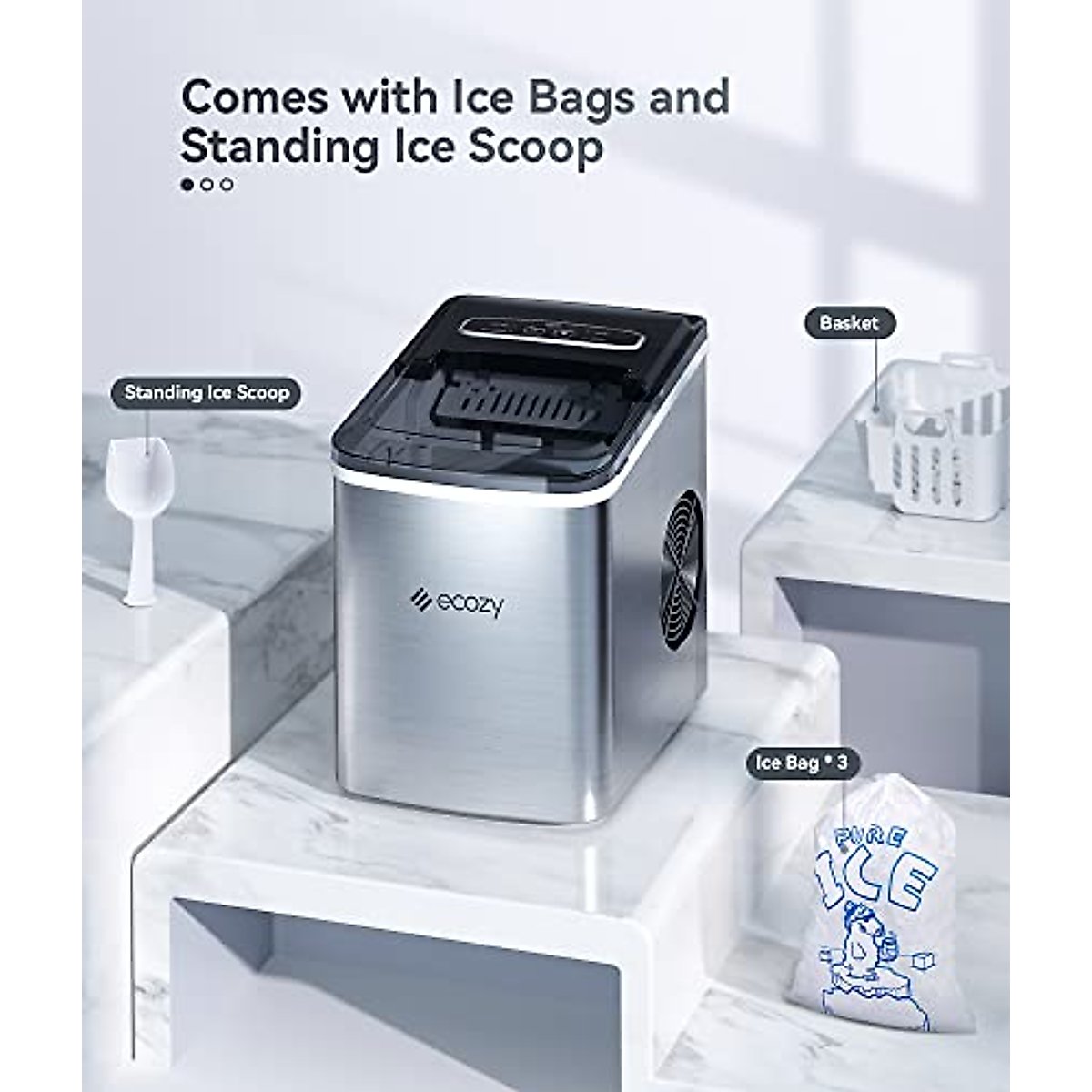 ecozy Portable Ice Maker Countertop, 9 Cubes Ready in 6 Mins, 26 lbs in 24 Hours, Self-Cleaning Ice Maker Machine with Ice Bags/Ice Scoop/Ice Basket for Home Kitchen Office Bar Party, Silver