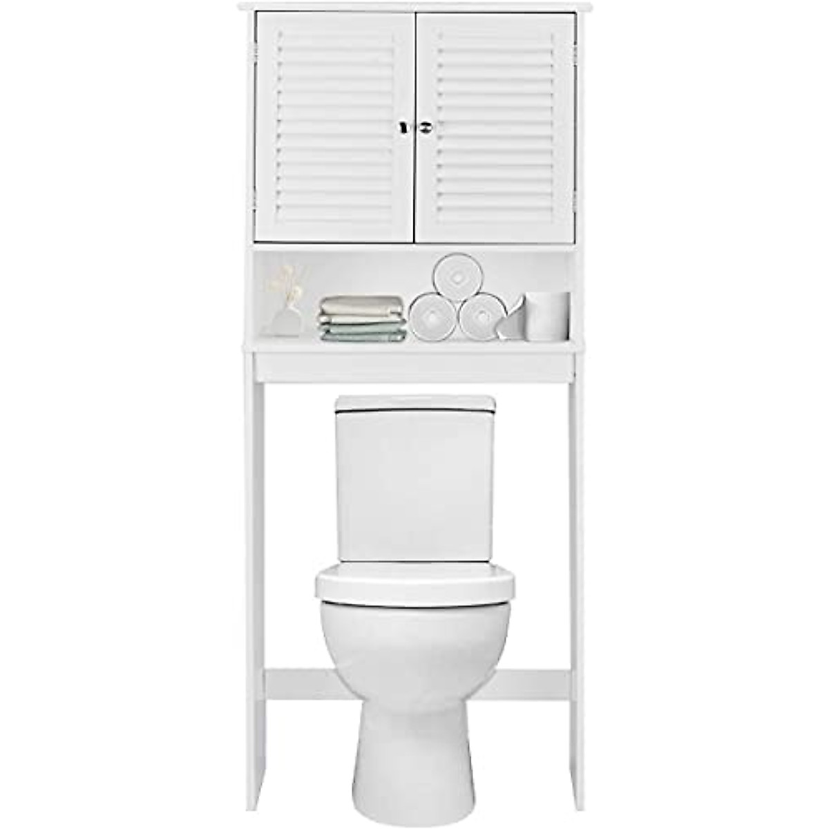 Squareful Over-The-Toilet Bathroom Storage Shelf, Freestanding Storage Organizer w/Louvre Door & 1 Open Shelf, Bathroom Space Saver, White, (HW66126)