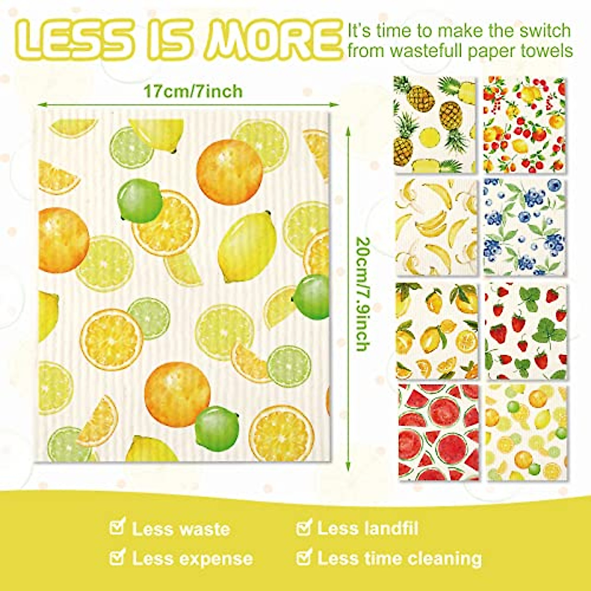 8 Pieces Swedish Kitchen Dishcloths Mixed Fruits Swedish Reusable Absorbent Sponge Cloths Dish Towels Quick Drying Washable Cleaning Dish Cloths for Kitchen Washing Dishes, Cleaning Wipes