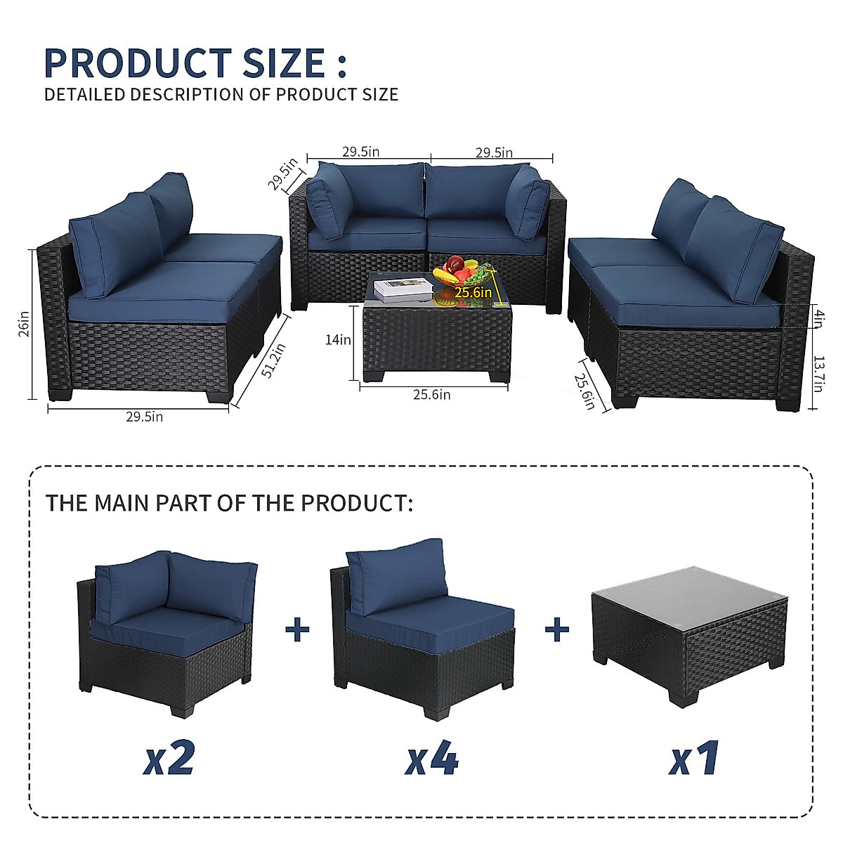 Valita 7 Piece Outdoor PE Wicker Furniture Set, Patio Black Rattan Sectional Sofa Couch with Washable Navy Blue Cushions…