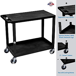 Offex 32" x 18" Mobile Heavy-Duty Multipurpose Utility Cart with One Tub and One Flat Shelf, Push Handle - Black, Great for Garage, Shop or Storage Area