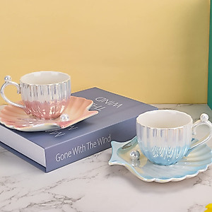 Koythin Ceramic Coffee Mug with Saucer, Creative Pearl Shell Cup, Cute Coffee Mugs for Office and Home, 6.5 oz/200 ml for Tea Latte Milk (Gradient Blue)