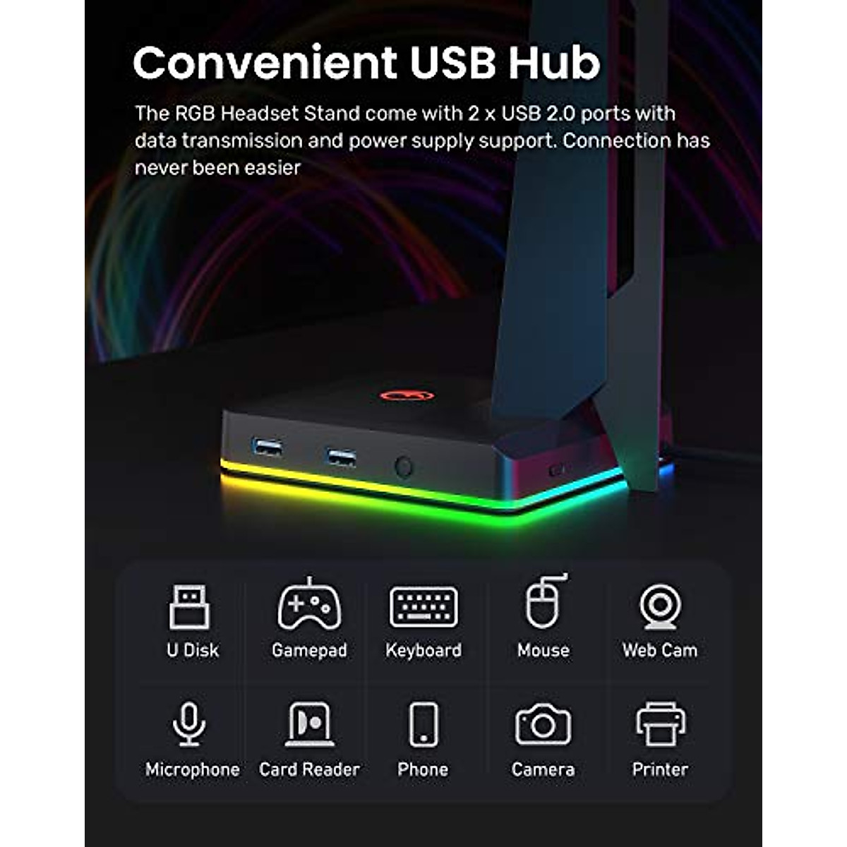 IFYOO RGB Gaming Headset Stand with 2 USB Ports, Game Headphone Mount for PC, Xbox One, PS4, Switch, Earphone Holder Hanger, Great for Gaming Stations, Fancy Desk Gamer Accessories, Black