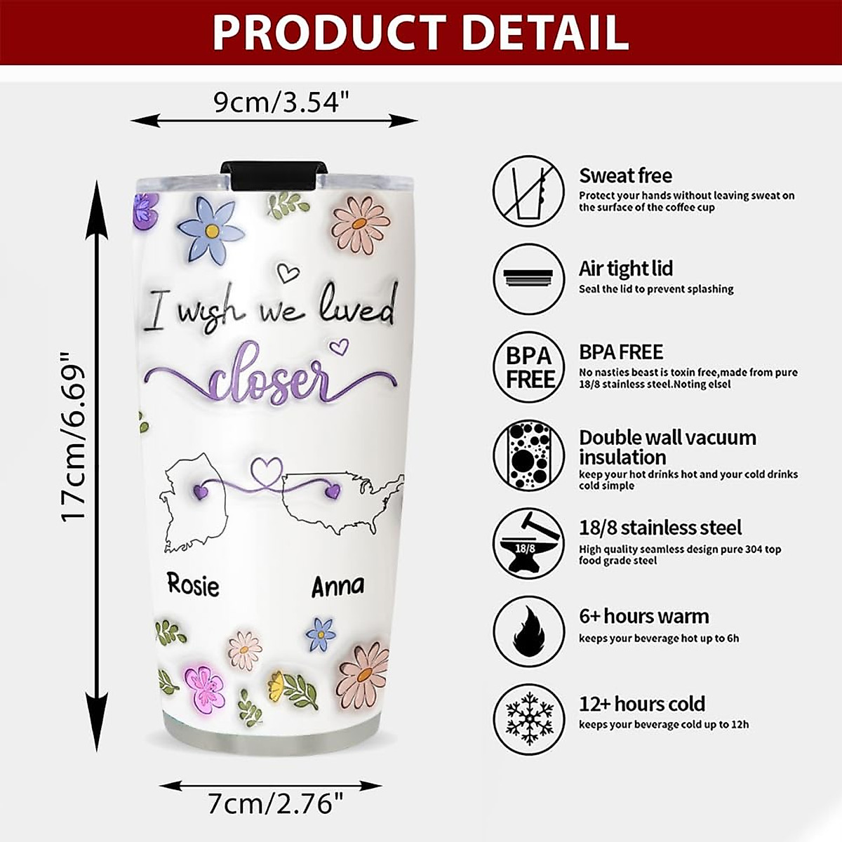 Wrappiness I Wish We Lived Closer Tumbler - Personalized 3D Inflated Effect 20Oz Tumbler Long Distance Friendship Gift Custom State to State Mug Going away Gift for Sister Friend (A01 (Country))