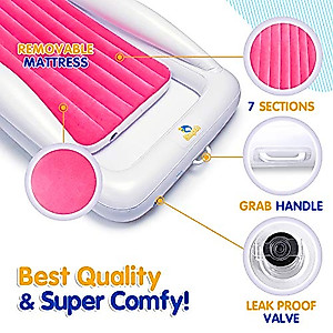 Sleepah Inflatable Toddler Travel Bed – Inflatable & Portable Bed Air Mattress Set –Blow up Mattress for Kids with High Safety Bed Rails. Set Includes Pump, Case, Pillow & Plush (Coral)