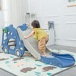 Slide for Kids, Toddler Playground Slipping Slide Climber, Extra Long Slide Slope with Basketball Hoop for Indoor Outdoor Backyard Use (Blue Car) Kids House with Slide (Blue, One Size)